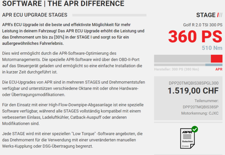 APR Stage 1 für Golf 7R / Audi S3 8V Vorfacelift / Seat Leon Cupra 5F ...